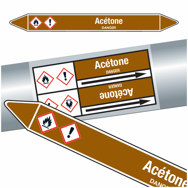 Marqueurs de tuyauteries CLP "Acétone" (Liquides inflammables) | Seton