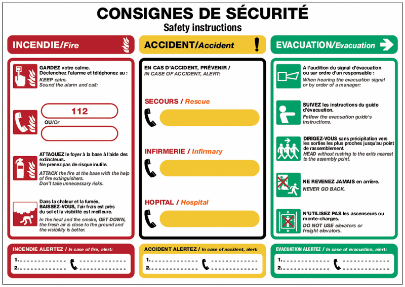 Panneau Consignes de sécurité bilingue français anglais | Seton