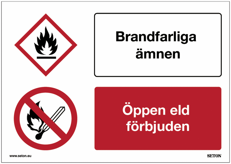 Dubbel skylt med text - Brandfarliga ämnen + Öppen eld förbjuden - ISO ...
