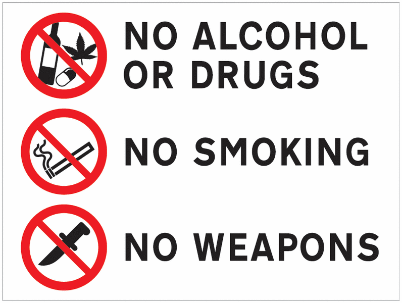 No Alcohol, Drugs, Smoking, Weapons Sign for Car Parks | Seton