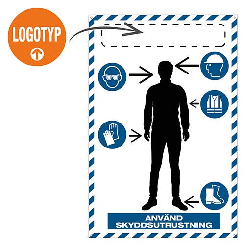 Skyltar med egen text och piktogram "Personlig skyddsutrustning måste ...