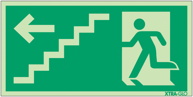Efterlysande utrymningsskylt med piktogram "Trappa + pil åt vänster ...