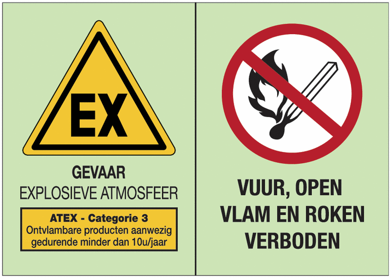 Fotoluminescente ATEX-borden - Explosieve omgeving - Vuur, open vlam en ...