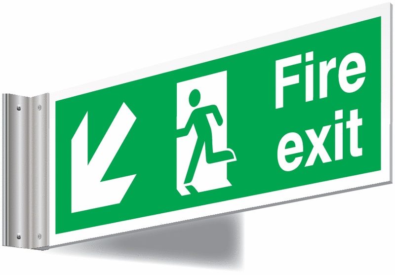 Fire Exit Man Left/Arrow Diagonal Down Corridor Sign | Seton
