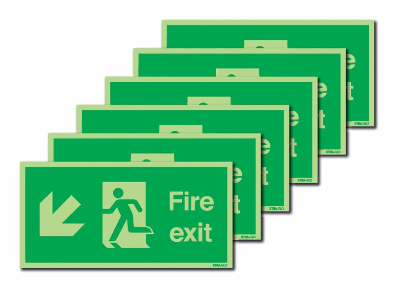 6-Pack Xtra-Glo Fire Exit Man Left/Diagonal Arrow Down Signs | Seton