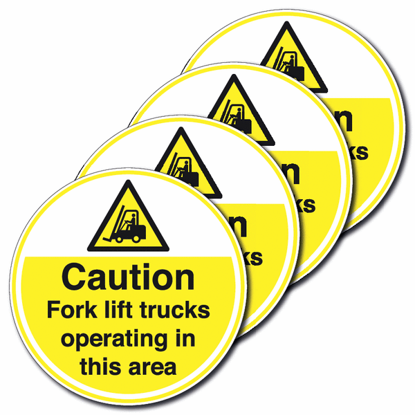 4-Pack Caution Fork Lift Trucks Operating... Floor Signs | Seton
