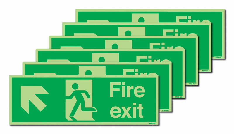 6-Pack Xtra-Glo Fire Exit Man Left/Diagonal Arrow Up Signs | Seton