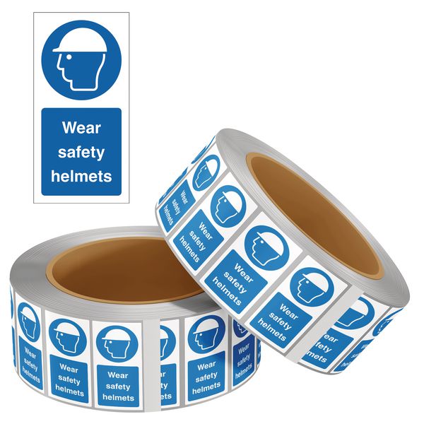 Wear Safety Helmets Vinyl Safety Labels On-a-Roll | Seton
