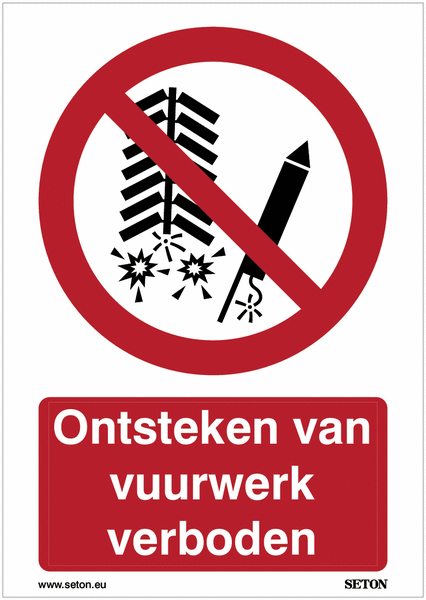 Verticale verbodsborden en -stickers ISO 7010 - Ontsteken van vuurwerk ...