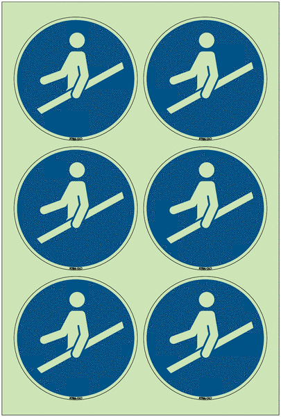 Fotoluminescente gebodsstickers op vel ISO 7010 "Hand aan de reling ...