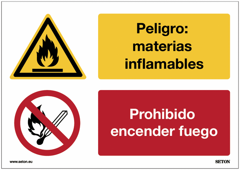 Señales combinadas ISO 7010 - Peligro: materias inflamables - Prohibido encender fuego - W021 ...