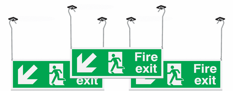 3 Pack Fire Exit Arrow Diagonal Down Left Hanging Signs | Seton