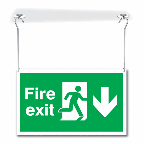 Fire Exit Man/Down Arrow Double-Sided Hanging Signs | Seton