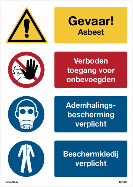 Waarschuwingsborden en -stickers - Gevaar! Asbest - PBM verplicht | Seton