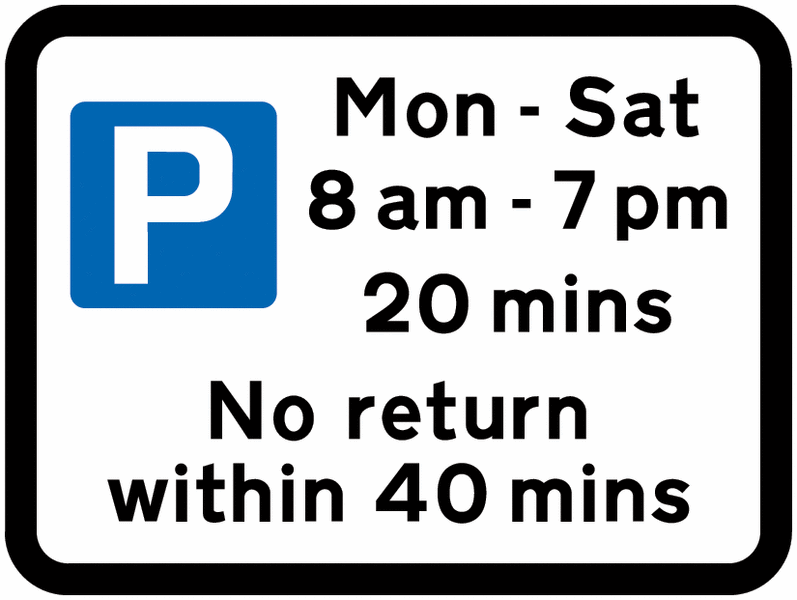 Traffic Signs - Parking - Mon-Sat 8AM-7PM - 20 Mins | Seton