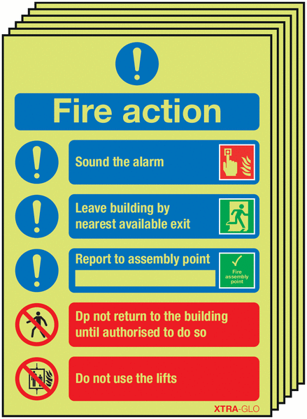 6-Pack Xtra-Glo Photoluminescent Fire Action Signs | Seton