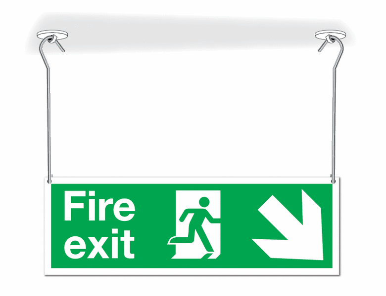 Fire Exit Man/Right Diagonal Down Arrow Hanging Signs | Seton