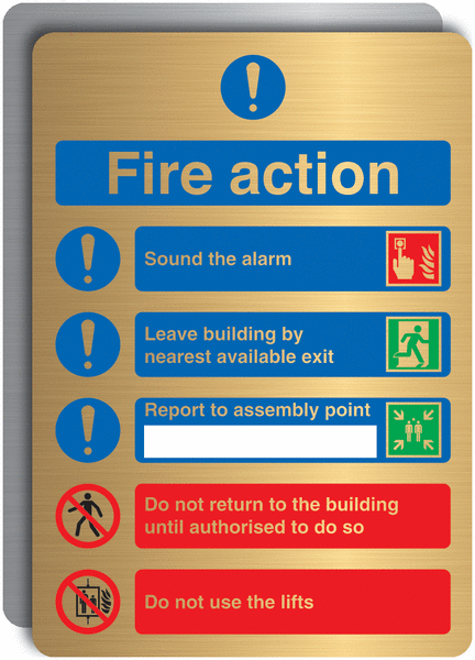 Deluxe Metal Look Signs - Fire Action (symbolised) | Seton