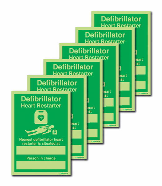 6-Pack Xtra-Glo Nearest Defibrillator Heart Restarter Signs | Seton