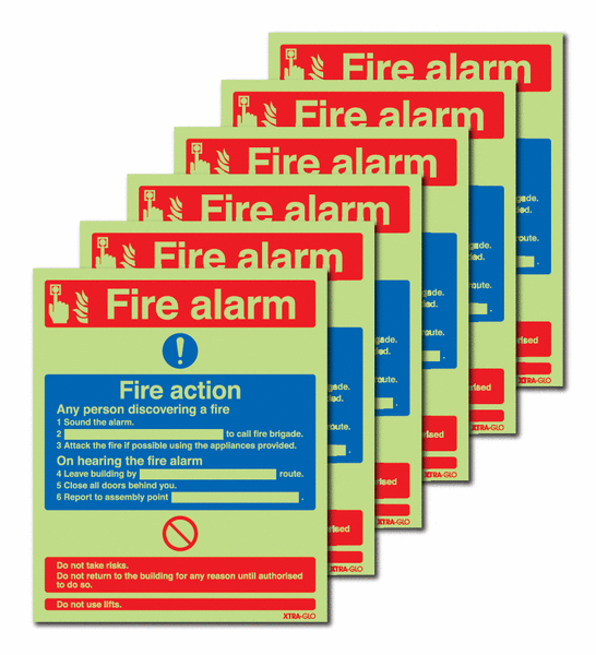 6-Pack Xtra-Glo Fire Alarm Fire Action Signs | Seton
