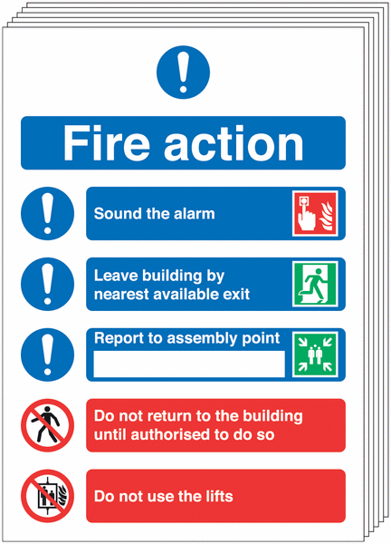 Economical 6-Pack Fire Action Signs (With Symbols) | Seton