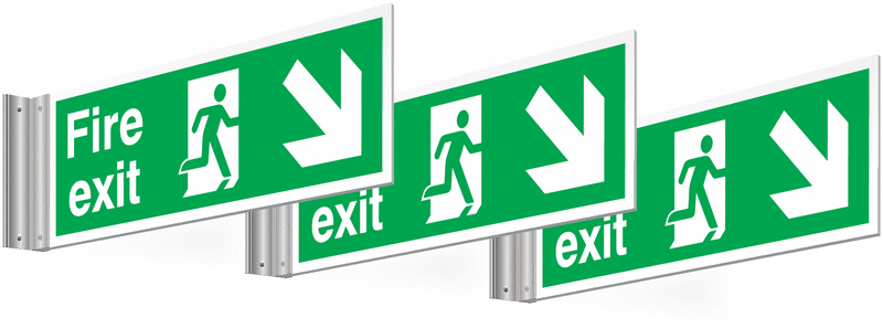 3 Pack Fire Exit Diagonal Arrow Down Corridor Signs | Seton