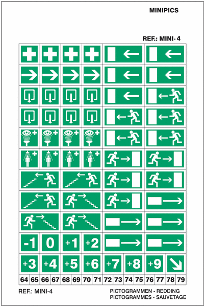Ark med blandade minipiktogram - Utrymning | Seton