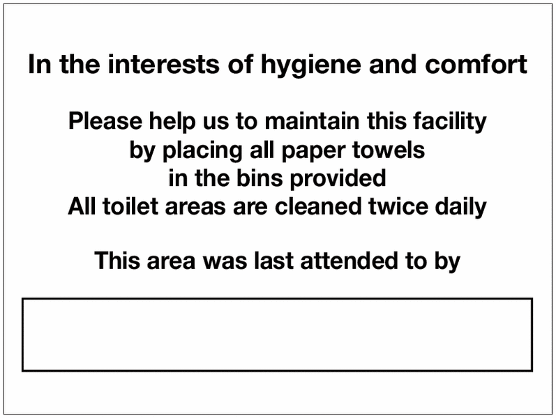 Hygiene And Comfort Washroom Cleaning Inspection Signs | Seton