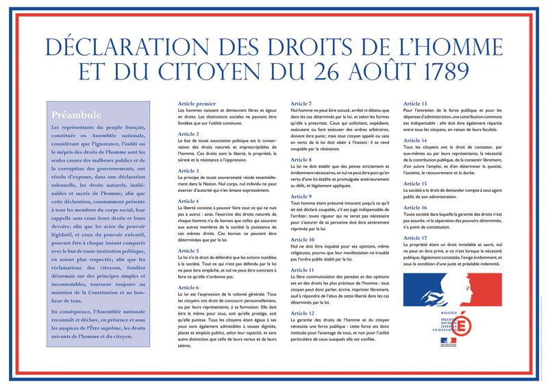 Affiche réglementaire de la "Déclaration des Droits de l'Homme et du ...