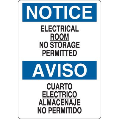 Bilingual Notice Electrical Room No Storage - Electrical Safety Signs ...