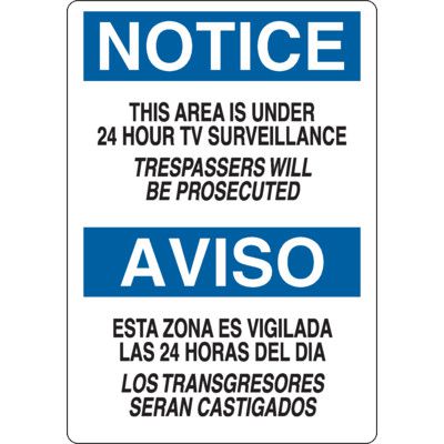 Bilingual Notice Area Under Surveillance Sign | Notice Signs | Emedco