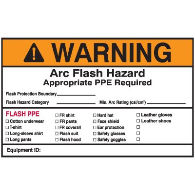 NEC Arc Flash Protection Labels - Warning Arc Flash Hazard Appropriate ...