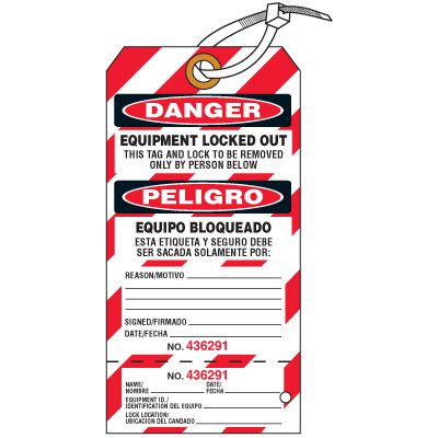 Bilingual Lockout Key Tags - Danger Equipment Locked Out | Emedco