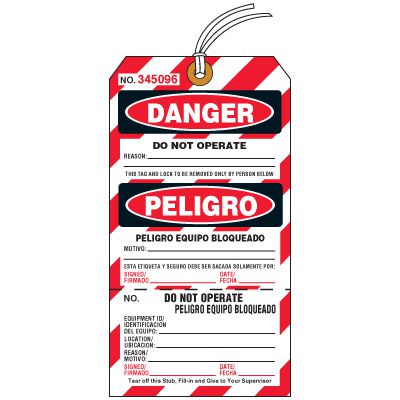 Two-Part Bilingual Lockout Tags - Danger Do Not Operate | Emedco