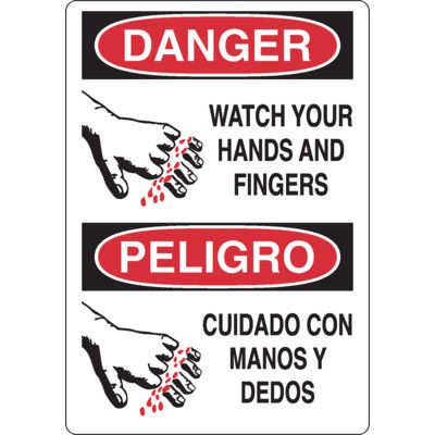 Danger Watch Your Hand - Bilingual Industrial OSHA Machine Hazard Signs ...