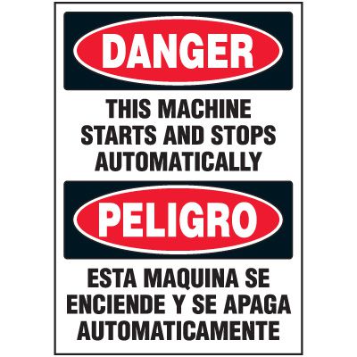 Bilingual Danger Automatic Machine Safety Labels | Emedco