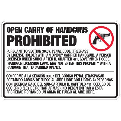 Texas Open Carry of Handguns Prohibited Signs - Penal Code 30.07 ...
