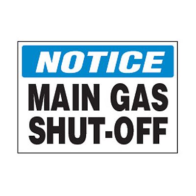 Chemical Safety Labels - Notice Main Gas Shut-Off | Emedco