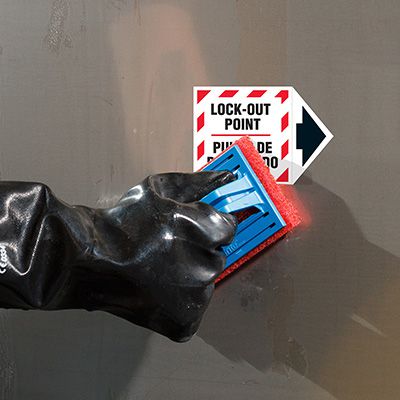 Bilingual ToughWash Arrow Labels - Lock-Out Point | Emedco