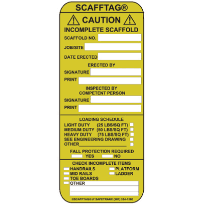 Scafftag® Caution Incomplete Scaffold Safety Insert Tags | Emedco