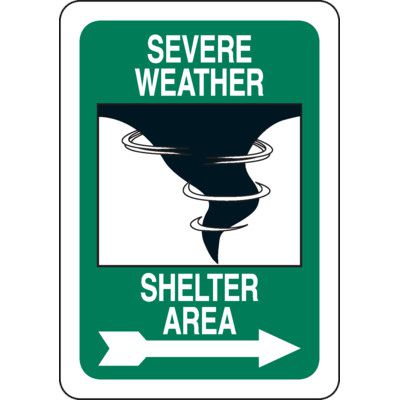 Severe Weather Shelter Area (Right Arrow) Green Safety Sign | Emedco