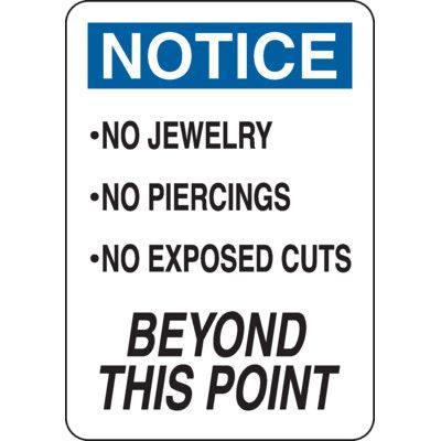 No Jewelry, No Piercings, No Exposed Cuts Sign | Emedco