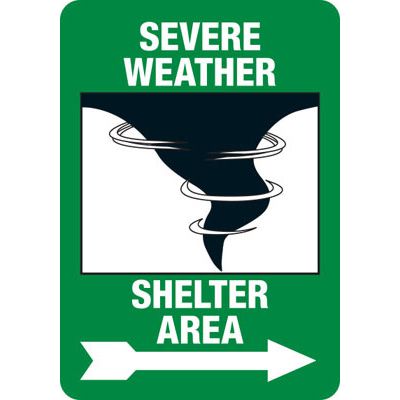 Severe Weather Shelter Area (Right Arrow) Green Safety Sign | Emedco