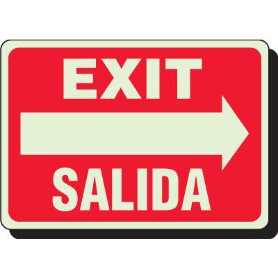 Exit (Arrow Right) - Bilingual Glow In The Dark Sign | Emedco