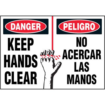 Bilingual Hazard Labels - Danger Keep Hands Clear | Emedco