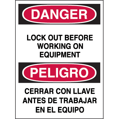 Bilingual Hazard Labels - Danger Lock Out Before Working on Equipment ...