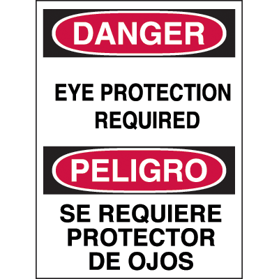 Bilingual Hazard Warning Labels - Danger Eye Protection Required | Seton