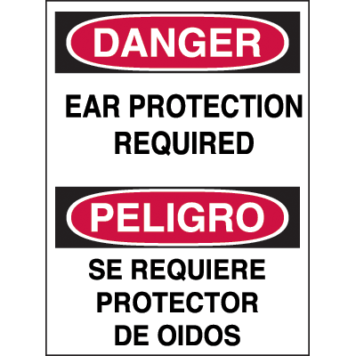 Bilingual Hazard Labels - Danger Ear Protection Required | Emedco