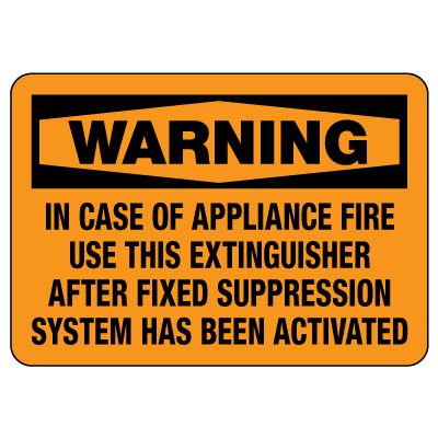 Warning: In Case Of Appliance Fire Use This Extinguisher Sign | Seton
